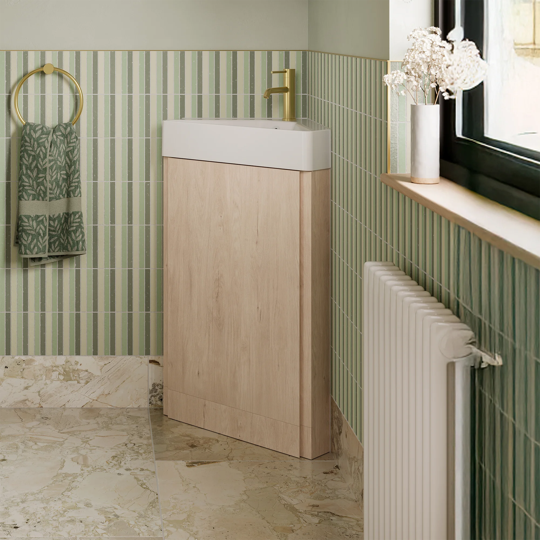 Hib - Rivus Cloakroom Corner Vanity Unit - Sand Oak – Designerbathroomstore